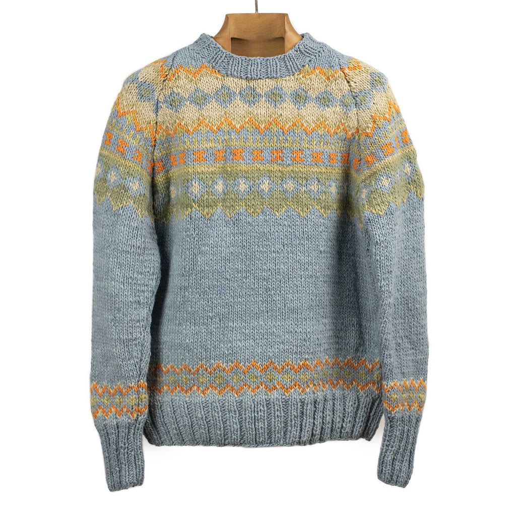 Monitaly FW24 Chamula hand-knit Fair Isle crewneck in Light Indigo wool – No Man Walks Alone