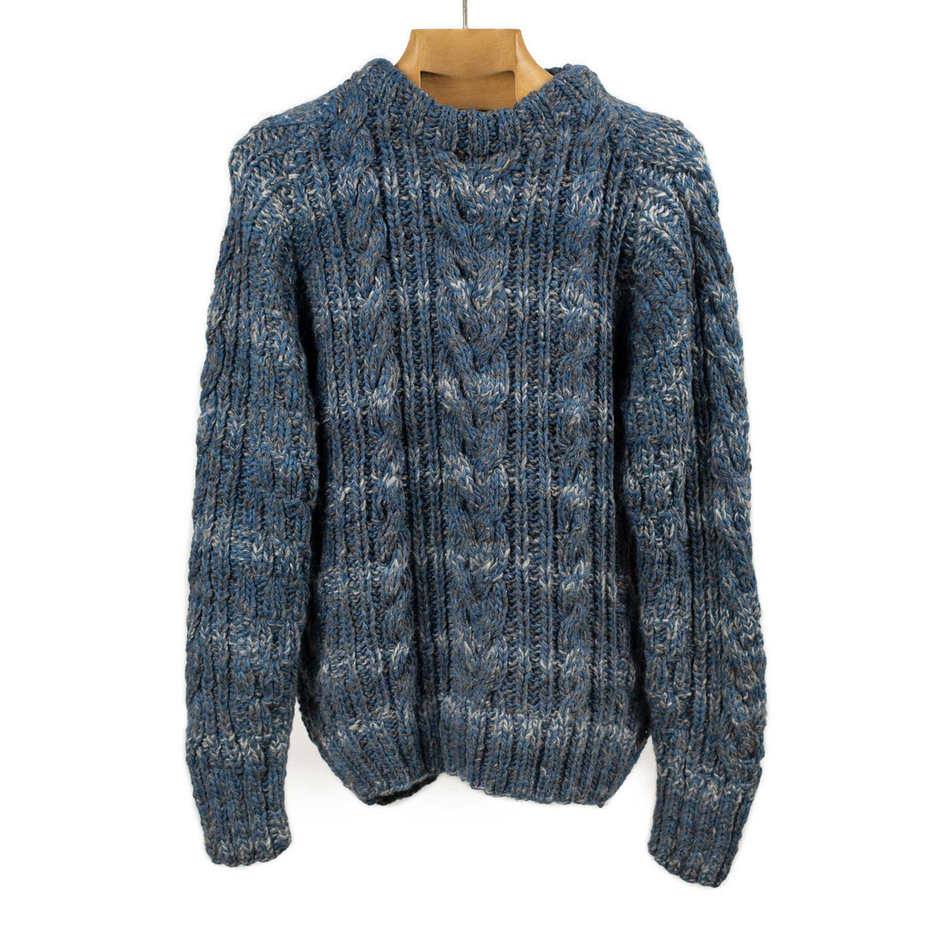 Monitaly FW24 Chamula hand-knit Fisherman crewneck in blue grey mix wool – No Man Walks Alone