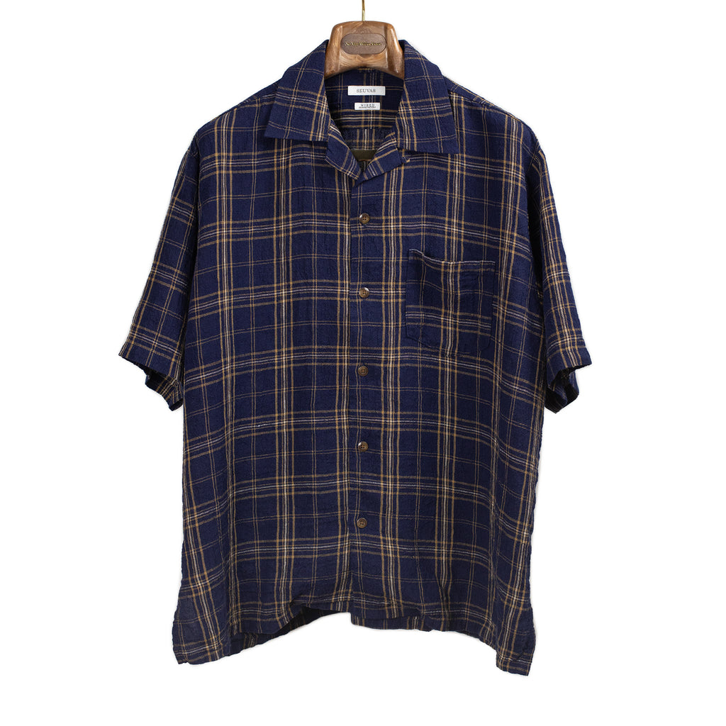 Seuvas camp shirt in washed navy blue checked linen | Styleforum