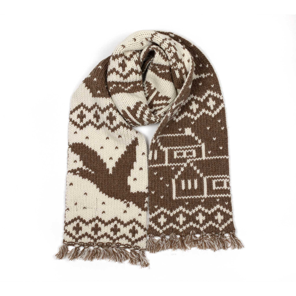Beams Plus FW25 Chunky knit scarf in brown and natural wool with Nordic ...