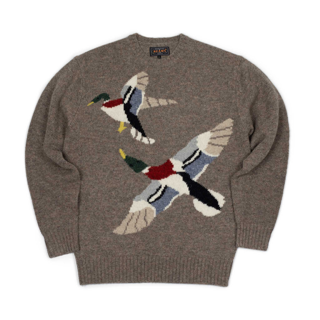 Beams Plus FW25 Crewneck intarsia sweater in taupe wool with flying ...