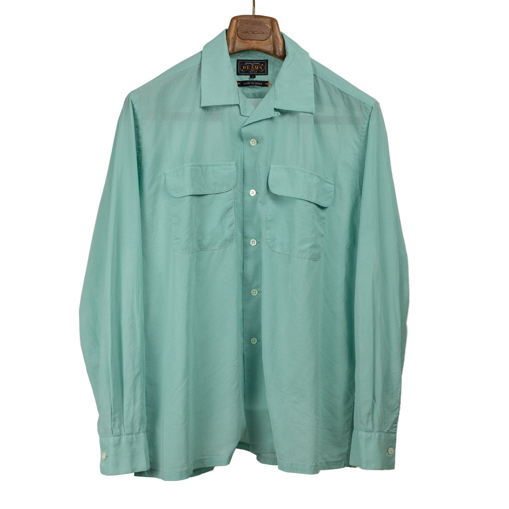 Beams Plus SS25 Open collar long sleeve shirt in mint green cotton ...