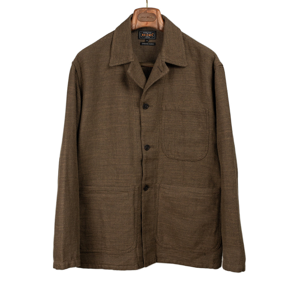 Beams Plus SS25 MIL chore coat in brown linen and cotton basketweave ...