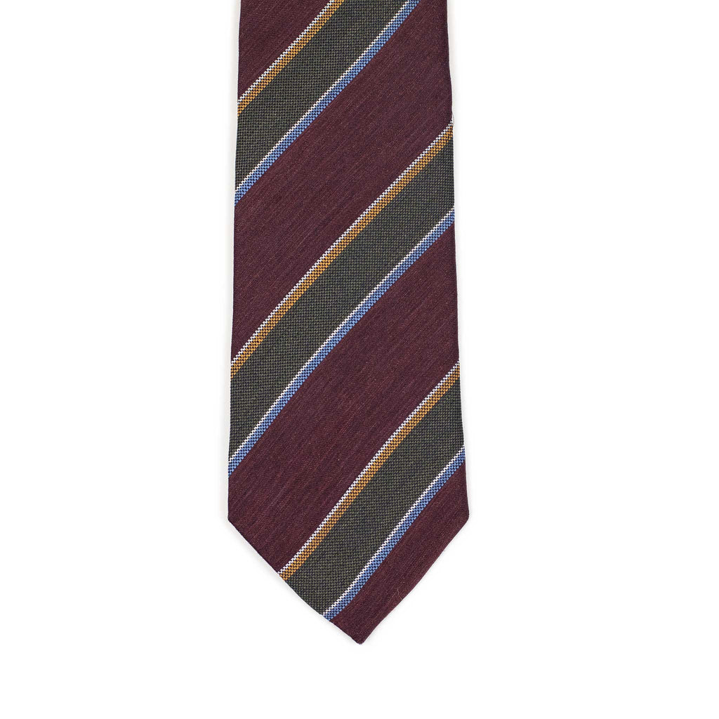 Bigi SS25 Maroon linen and silk tie with olive gold and blue stripes ...