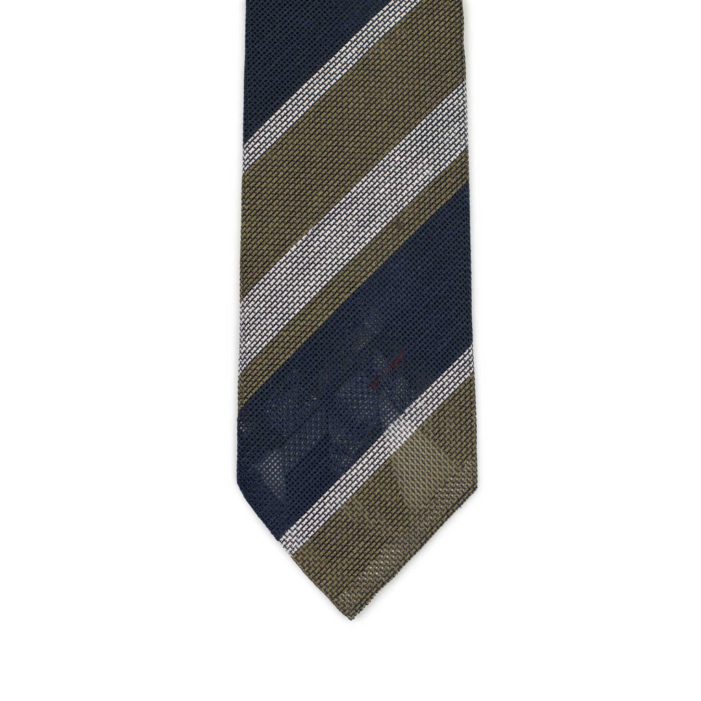 Bigi SS25 Navy untipped silk grenadine tie with olive and white stripes ...