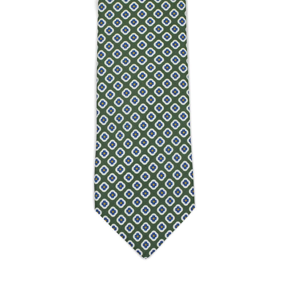 Bigi SS25 Olive cotton and silk tie with white and blue floral neat ...