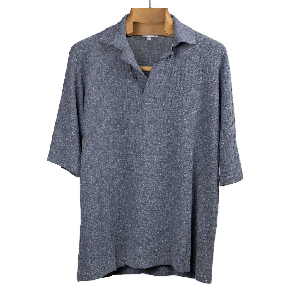 CAMO SS25 Zane skipper polo in washed blue staircase pure silk bourette ...