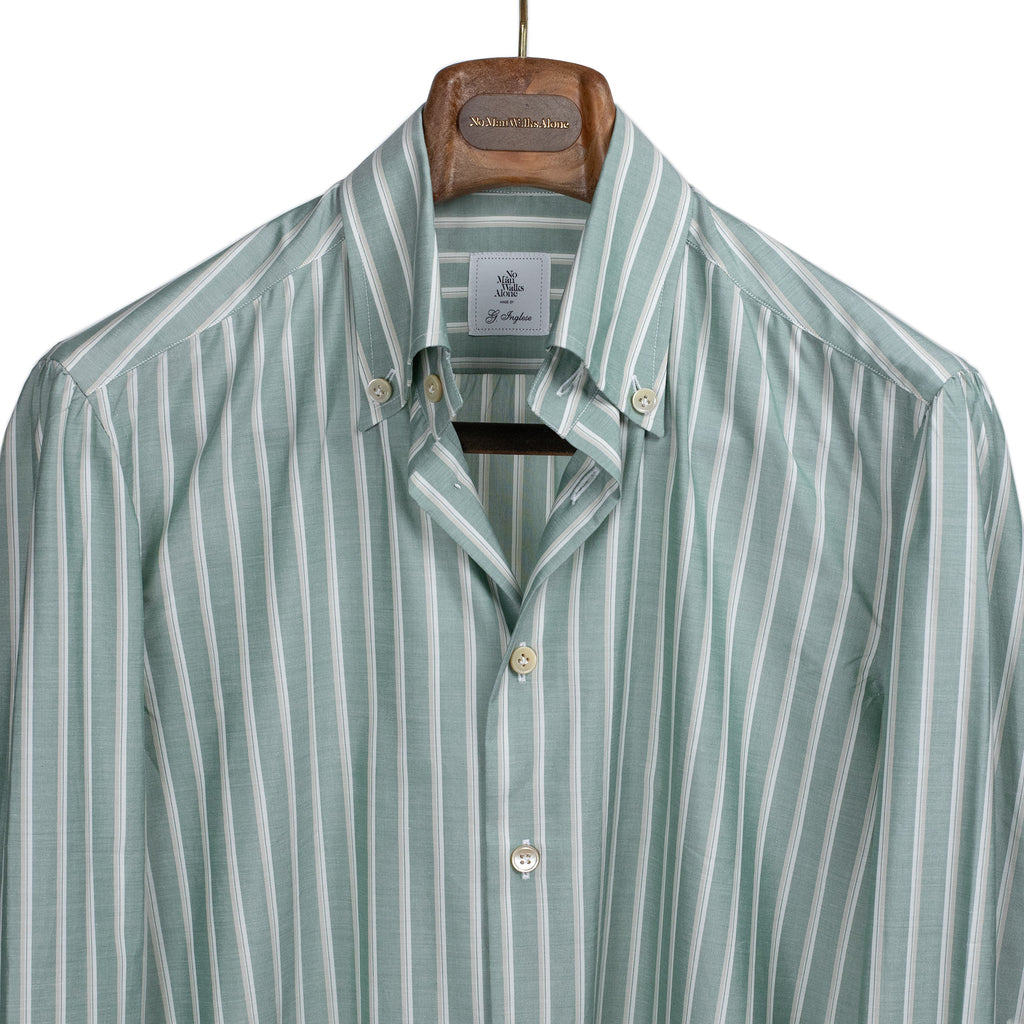 G. Inglese FW25 Buttoned collar shirt, green tan and white retro stripe ...