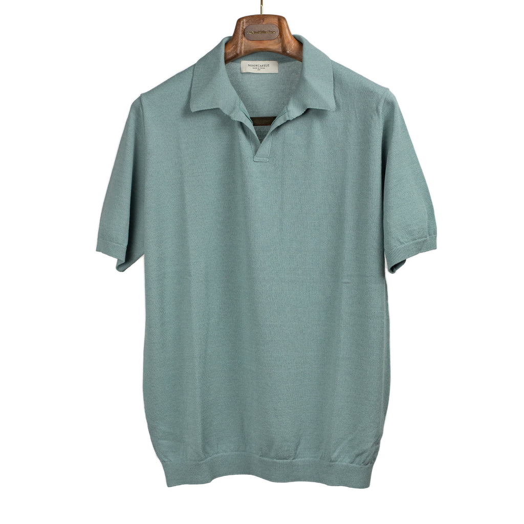 Mooncastle SS25 Knit short sleeve skipper polo in mist green Ice Cotton ...