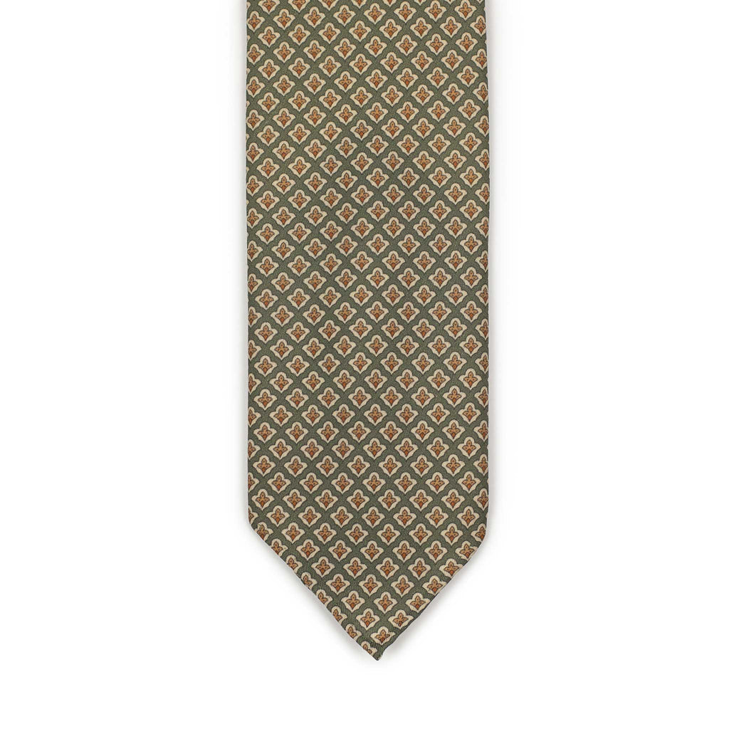 Tie Your Tie SS25 Light olive wool and silk tie, cream and gold neat ...