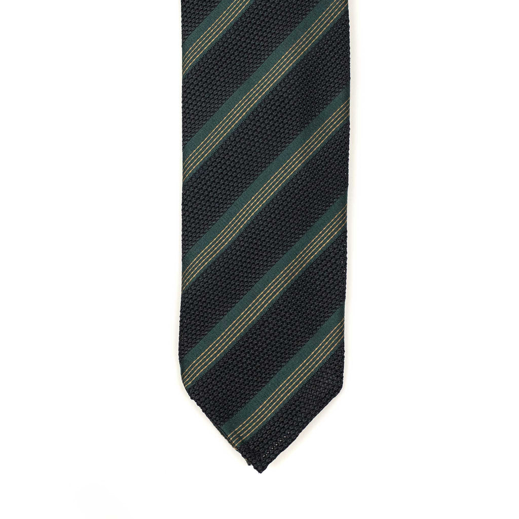 Tie Your Tie SS25 Navy grenadine tie with green and gold multi-stripes ...