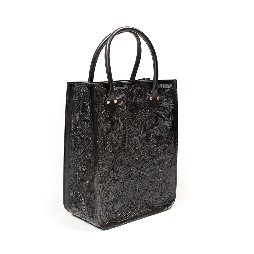 Wythe Hand-tooled leather tote bag in black – No Man Walks Alone