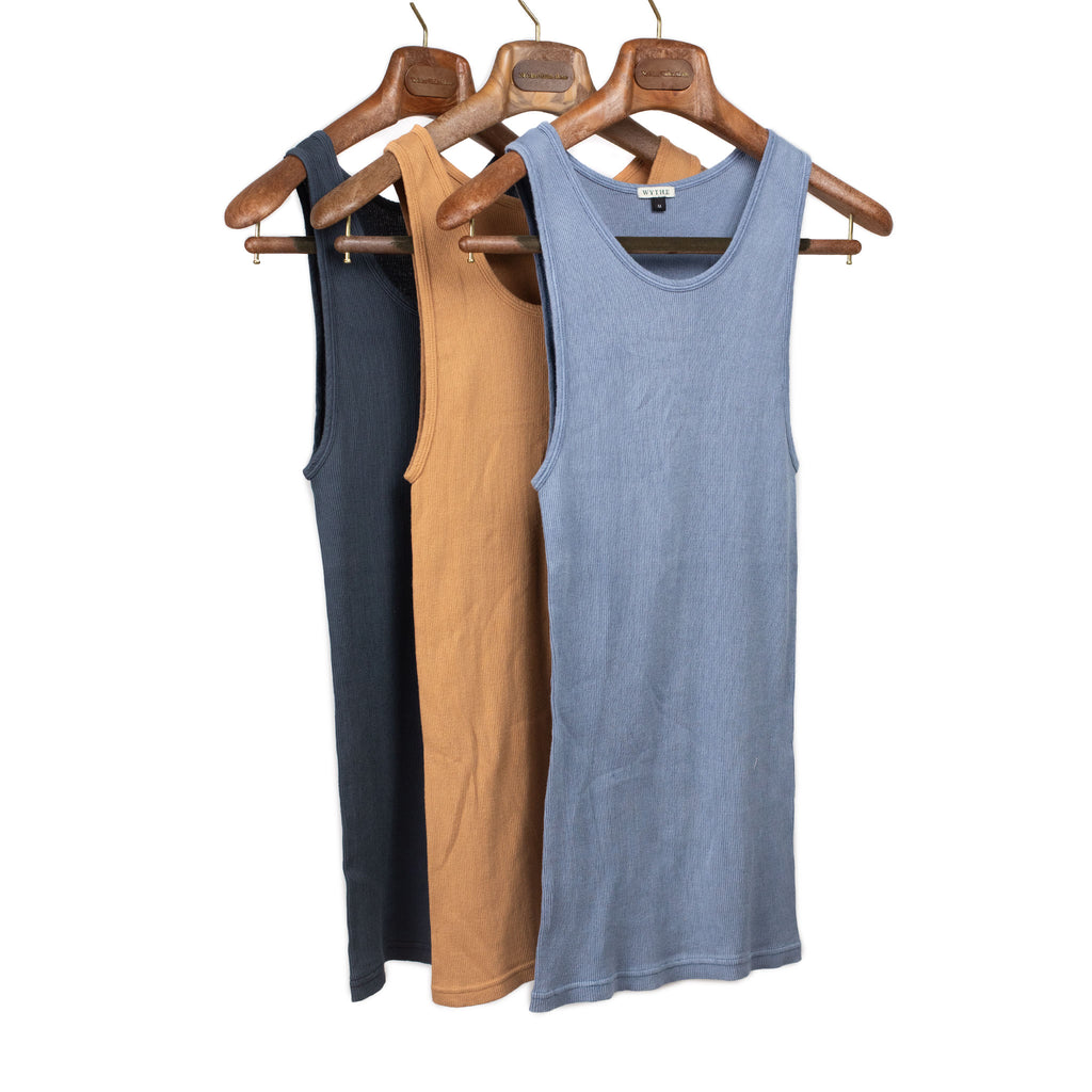 Wythe SS25 Tubular cotton tank top three-pack: washed indigo, faded ...