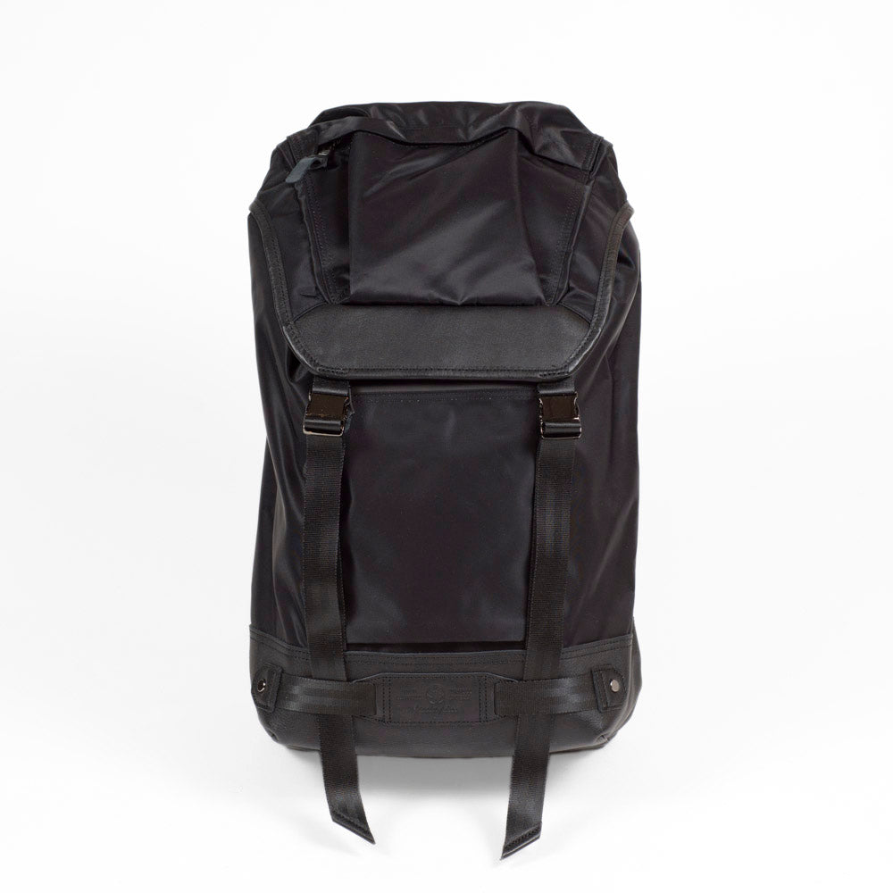 "Tenor" flap-top backpack, black technical nylon and black soft calf ...