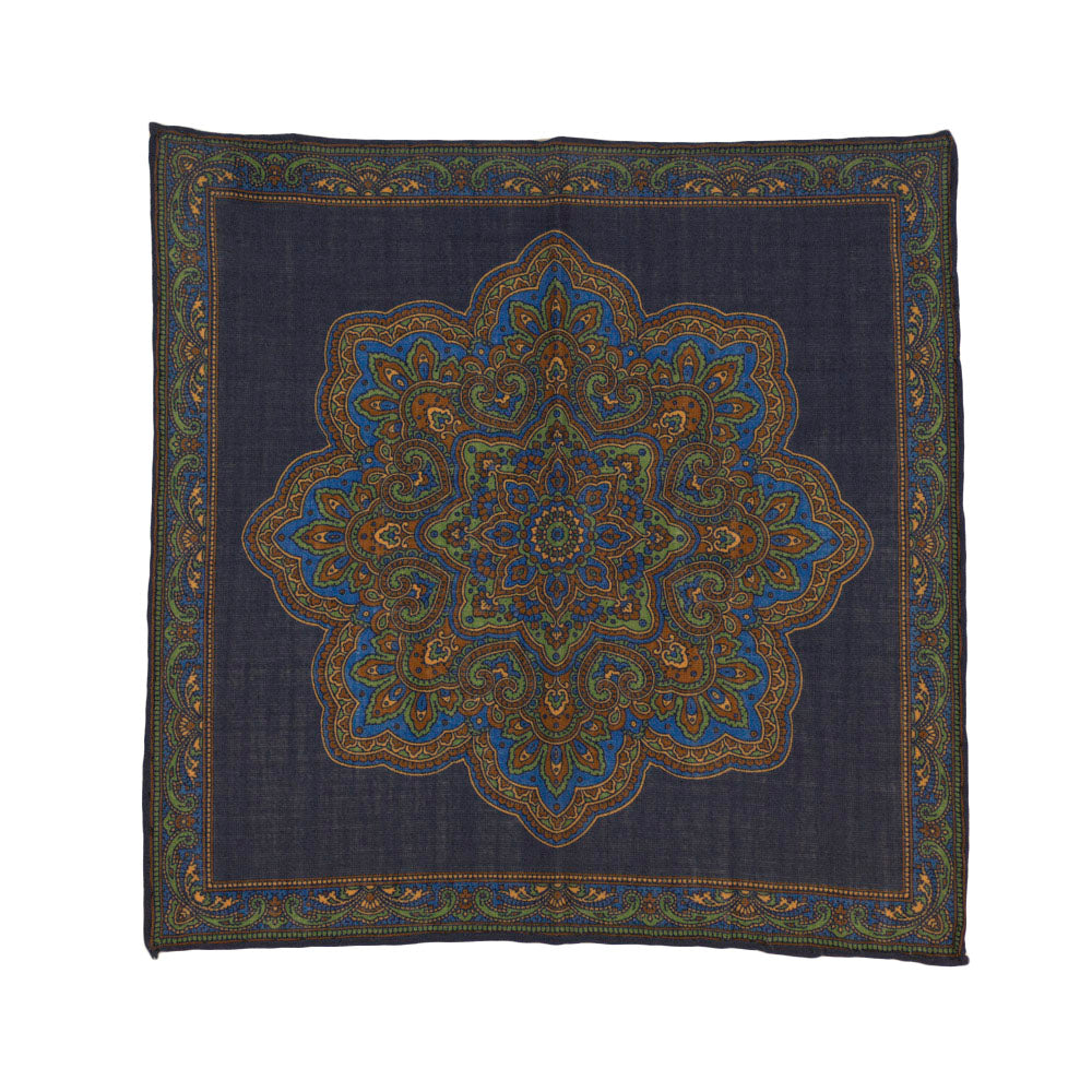 RAF blue wool & silk pocket square, large blue, brown & green rosace p ...