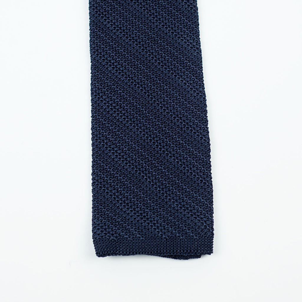 Navy self-striped square bottom silk knit tie – No Man Walks Alone