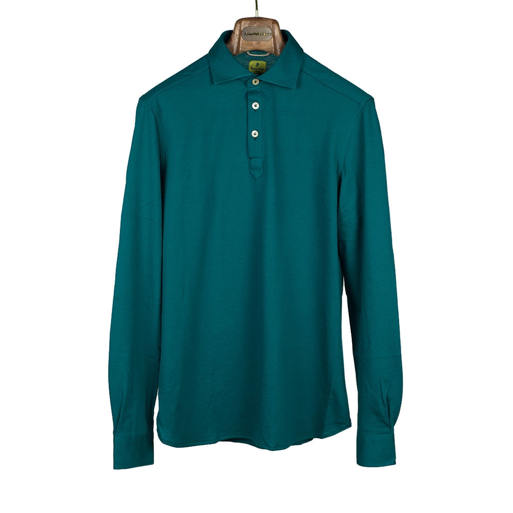 "Jade" cotton pique long sleeve polo shirt, soft collar – No Man Walks ...