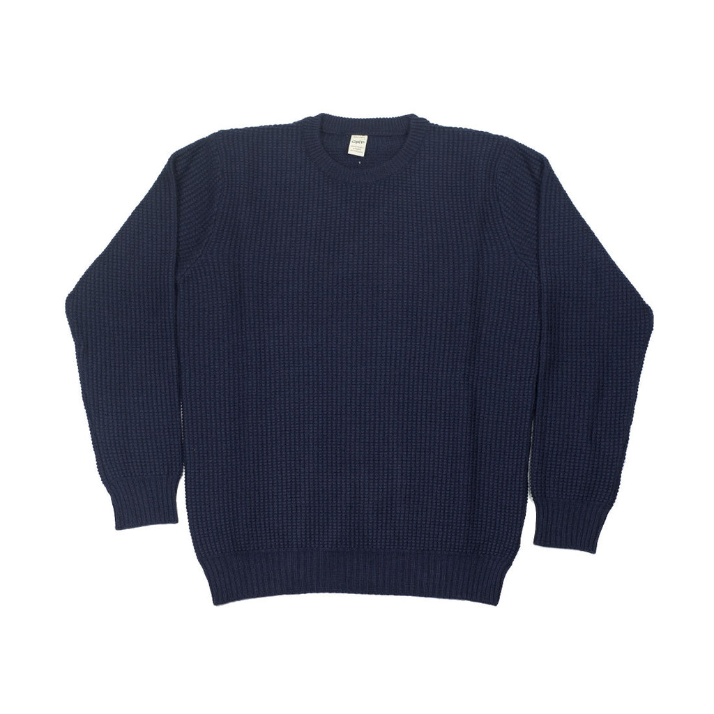 Waffle knit merino wool crewneck sweater, Navy – No Man Walks Alone
