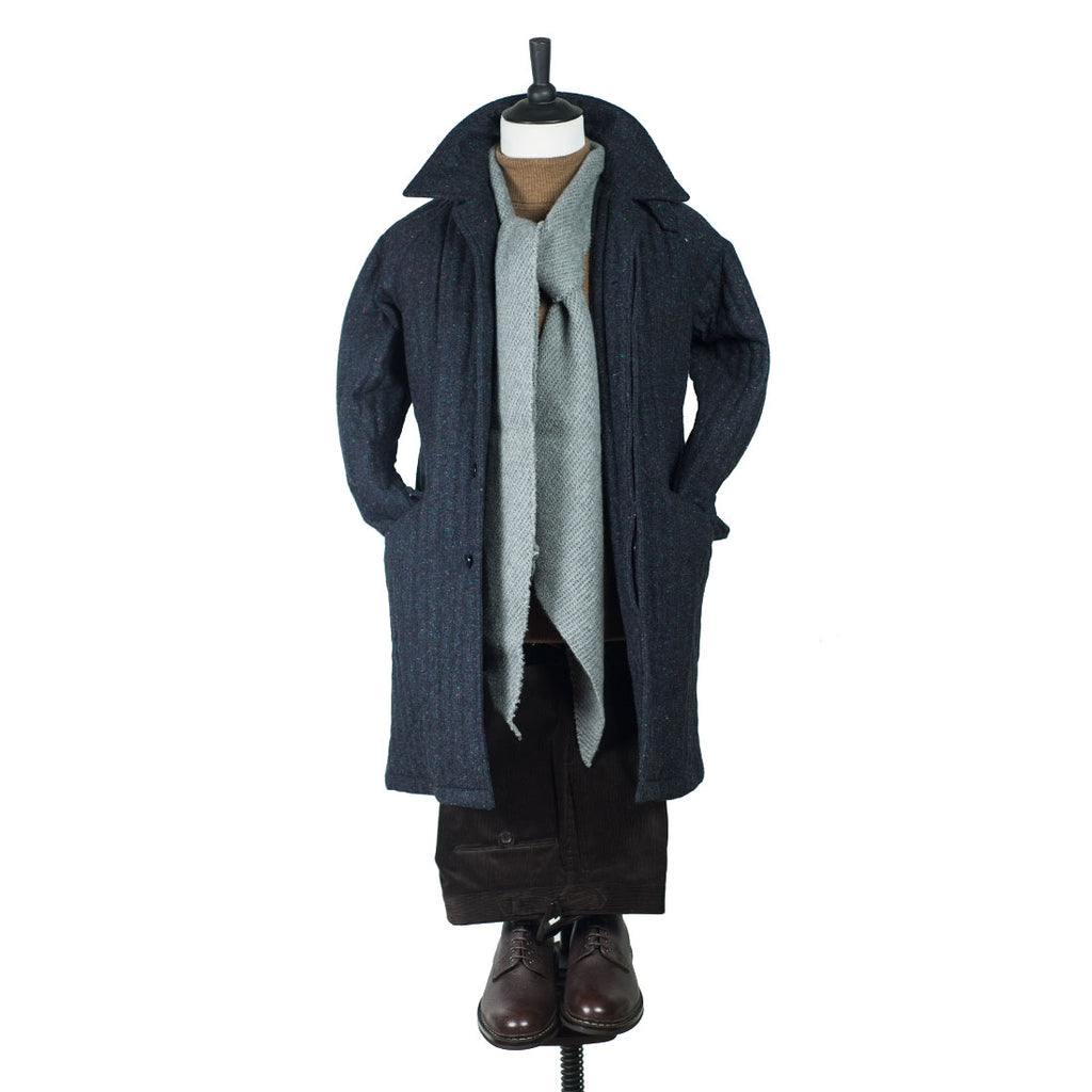 Quilted raglan sleeve coat in navy donegal tweed – No Man Walks Alone