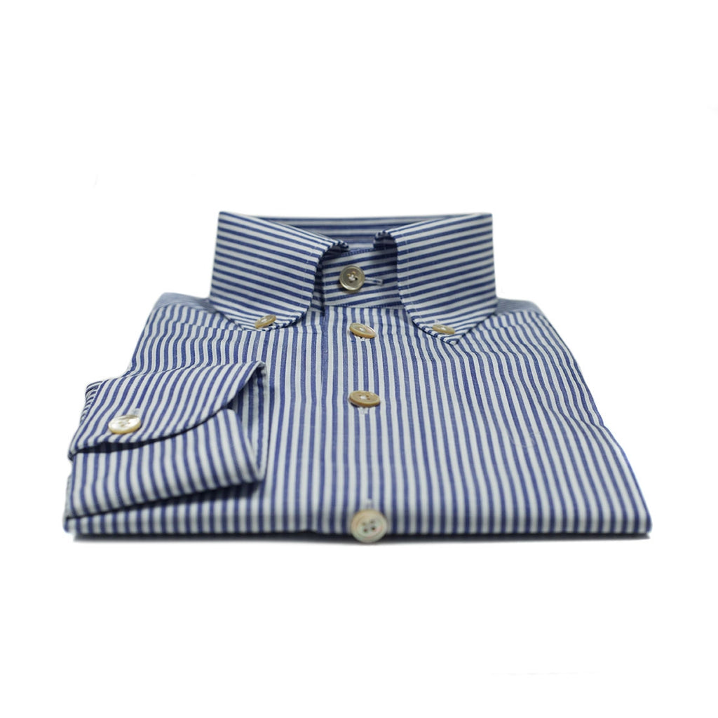 Dark blue stripe slubby cotton shirt, buttoned collar – No Man Walks Alone