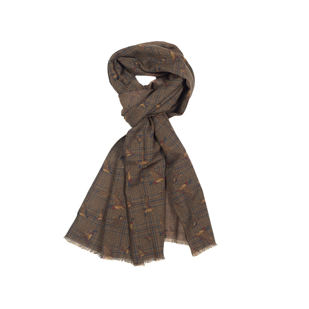 Lightweight wool print scarf, brown plaid & ducks print – No Man Walks ...