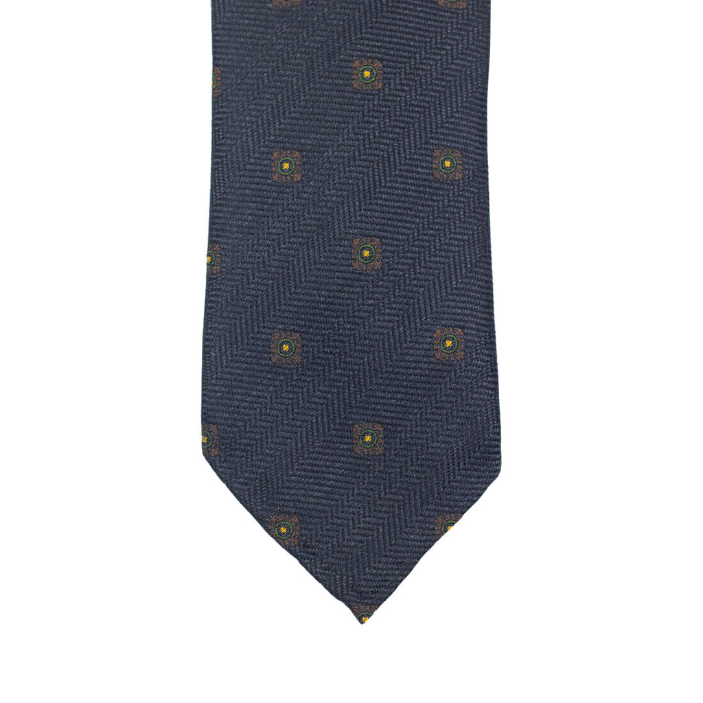 Navy herringbone silk tie with brown jacquard motifs, hand-rolled & un ...