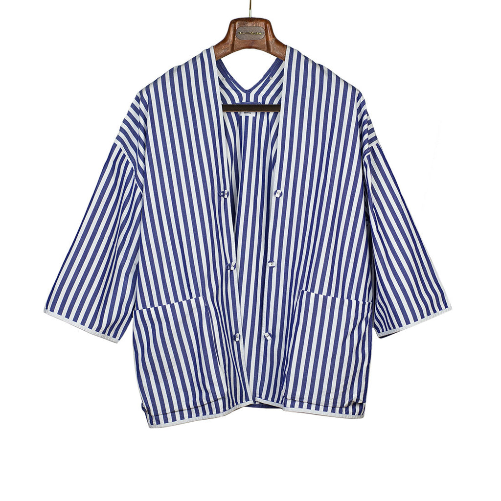 Short sleeve shirt jacket in white and blue butcher stripe Giza cotton ...