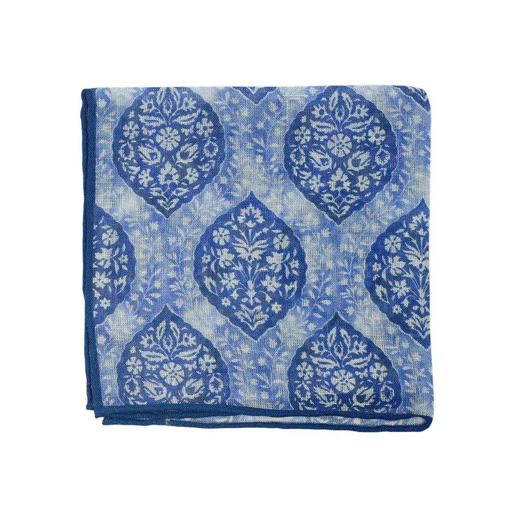 Blue linen & silk pocket square, Batik-style leaf print – No Man Walks ...