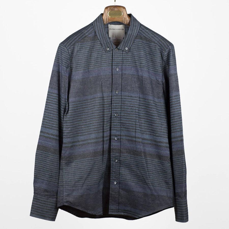 Soil button-down collar shirt in "dusk" grey, blue, and purple plaid c ...