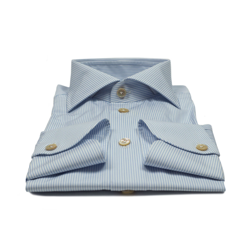 Hand-sewn light blue pencil stripe Alumo cotton shirt, spread collar ...