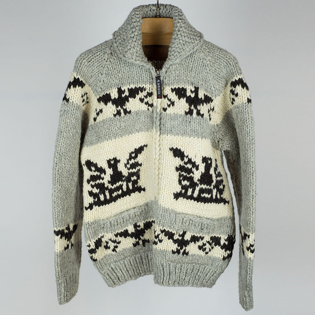 Double-eagle hand-knit Cowichan cardigan, 6-ply wool – No Man Walks Alone