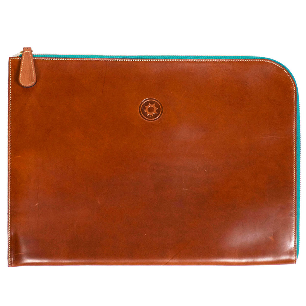 Brown leather portfolio with green zipper – No Man Walks Alone